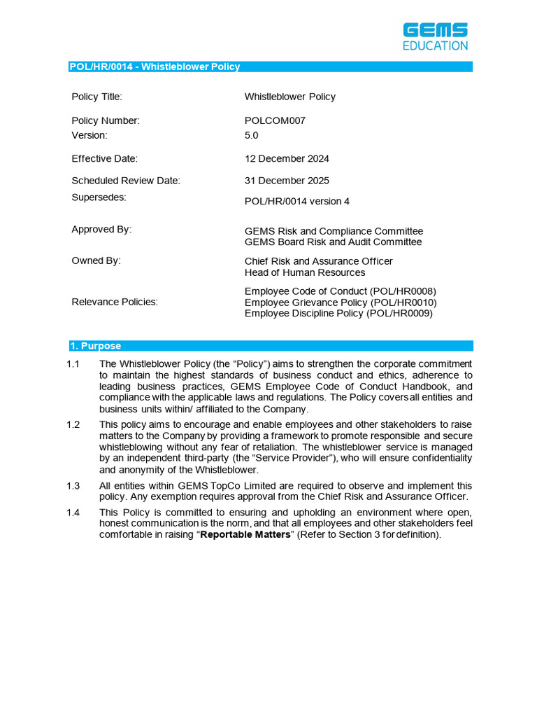 GEMS Whistleblower Policy Overview | PDF | Employment | Internal Audit