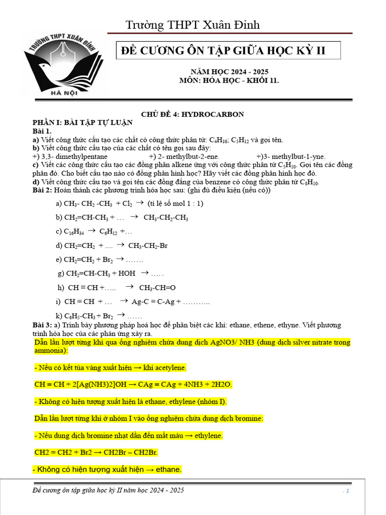 Đề cương môn Hoá 11 - Giữa HK2 (2024-2025) | PDF