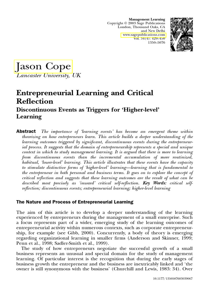 Cope 2003 Entrepreneurial Learning and Critical Reflection ...