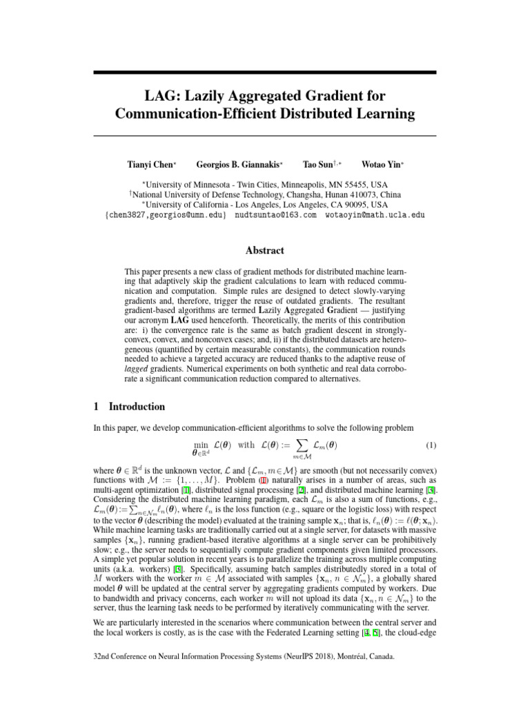NeurIPS 2018 Lag Lazily Aggregated Gradient For Communication Efficient Distributed Learning ...