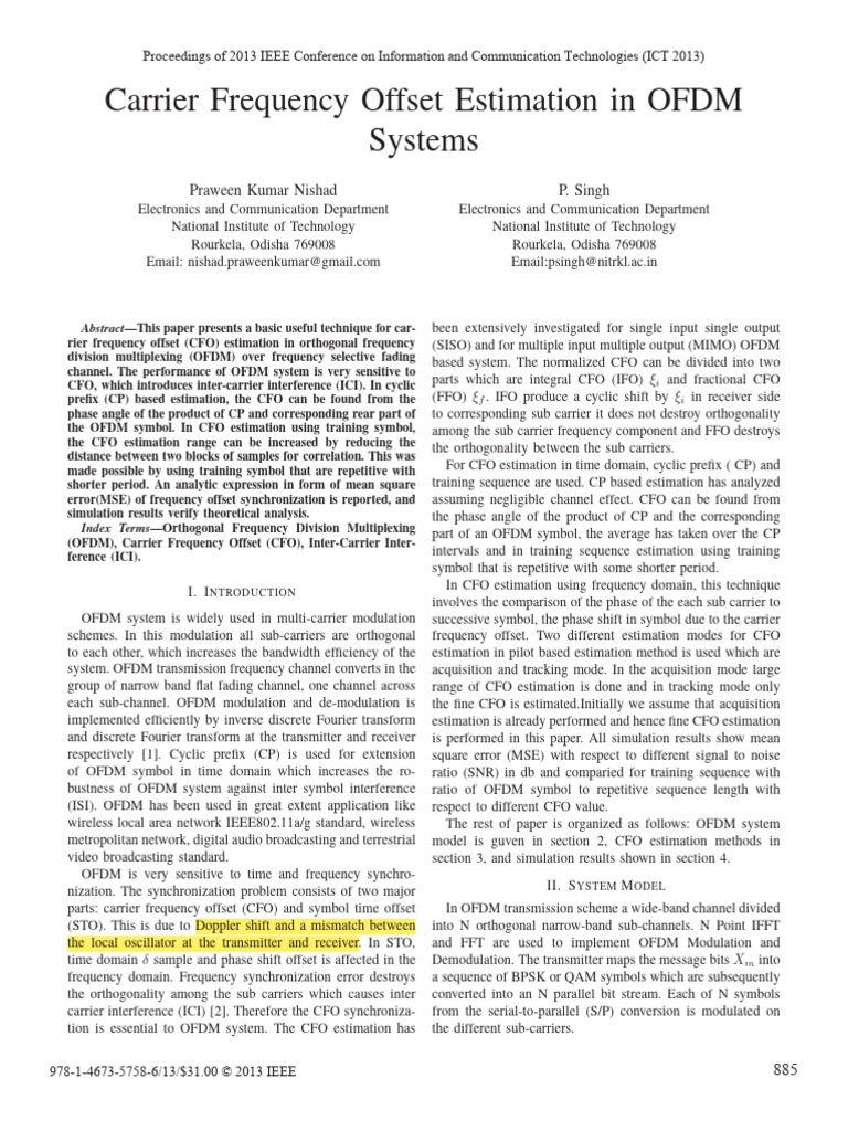 Carrier Frequency Offset Estimation in OFDM Systems | PDF | Orthogonal Frequency Division ...
