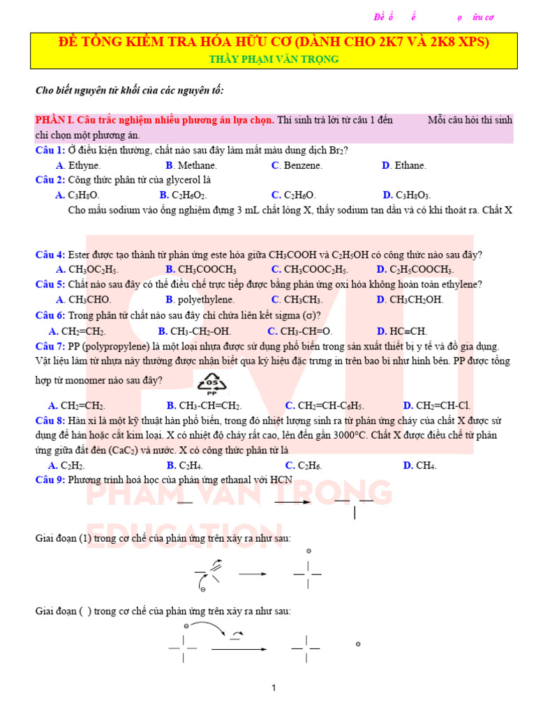 ĐỀ KIỂM TRA TỔNG HỢP HÓA HỮU CƠ (Dành cho 2k8 xps, 2k7) -ĐỀ | PDF
