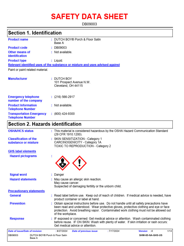 Sds-Dutch Boy Floor Coating | PDF | Waste | Waste Management