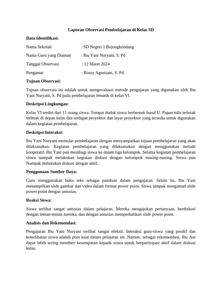 Laporan Observasi bu rosi 2 | PDF