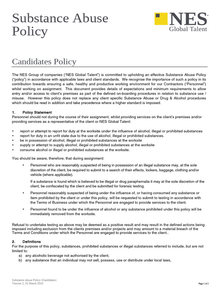 Substance Abuse Policy - Candidates | PDF | Substance Abuse | Drugs