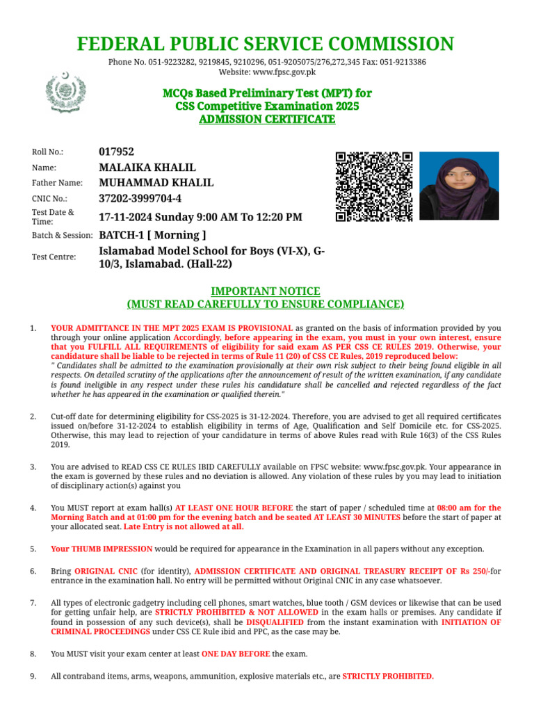 Online - Fpsc.gov - PK FPSC Css Prelim Exam 2025 BK Reports Css MPT Ac ...