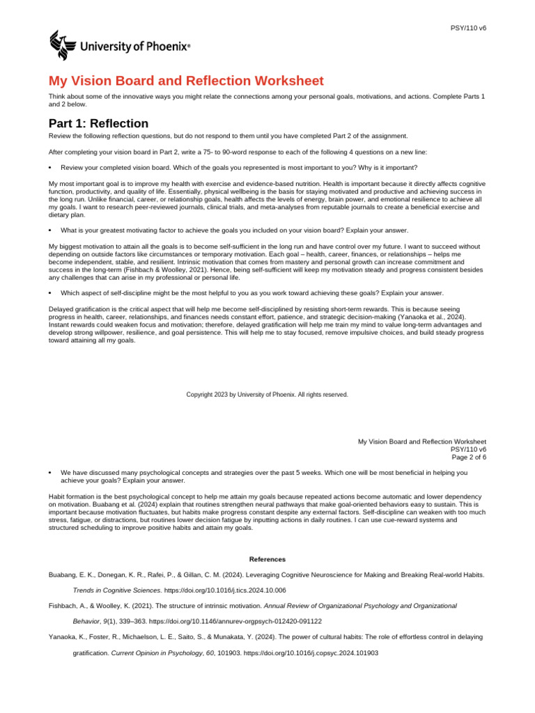 Psy110 v6 wk5 My Vision Board and Reflection Worksheet | PDF | Disciplines | Motivational