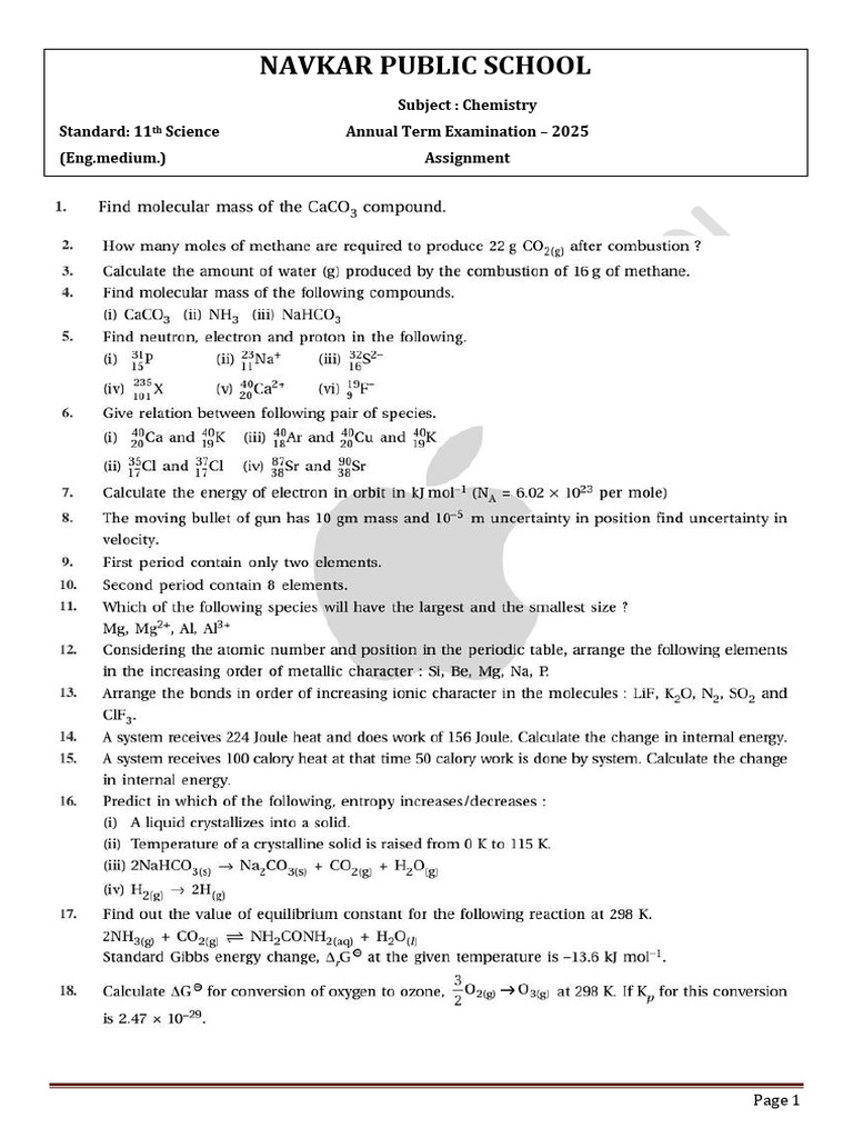 STD 11th Science Chemistry em Assignment | PDF