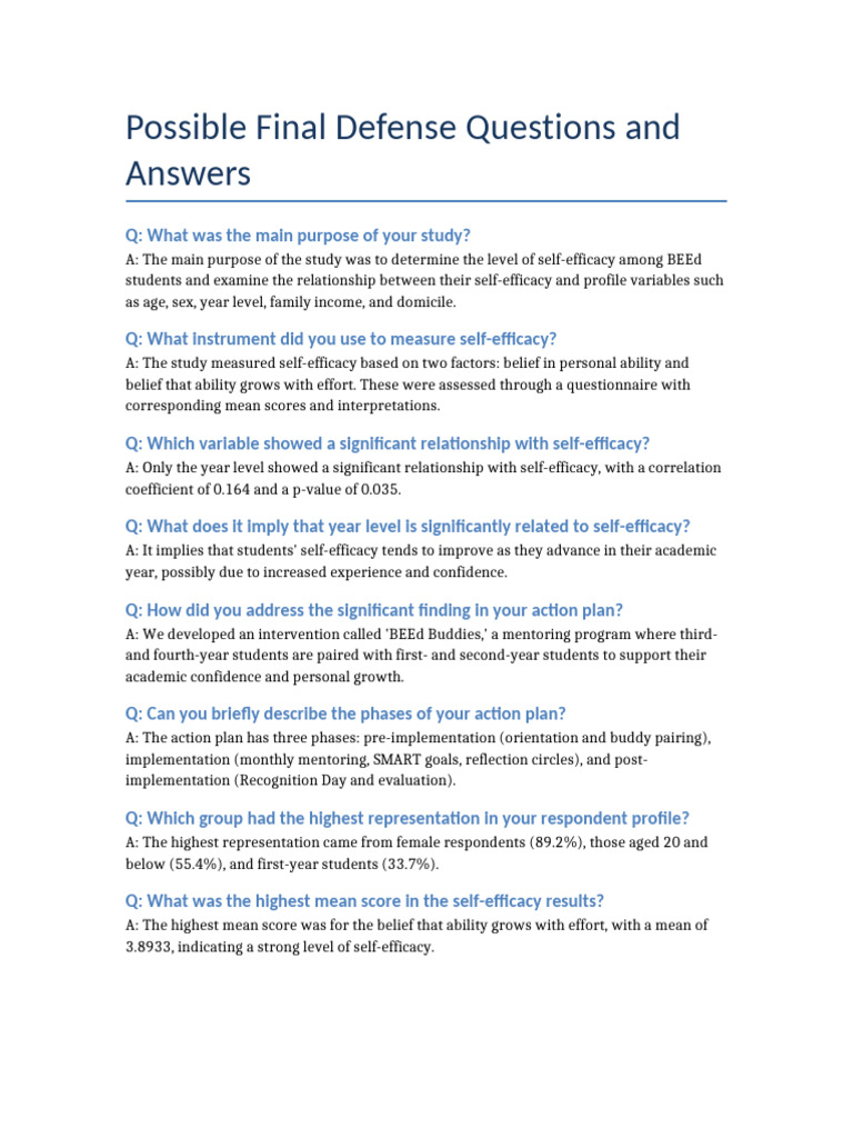 Possible Final Defense Questions and Answers | PDF | Self Efficacy ...
