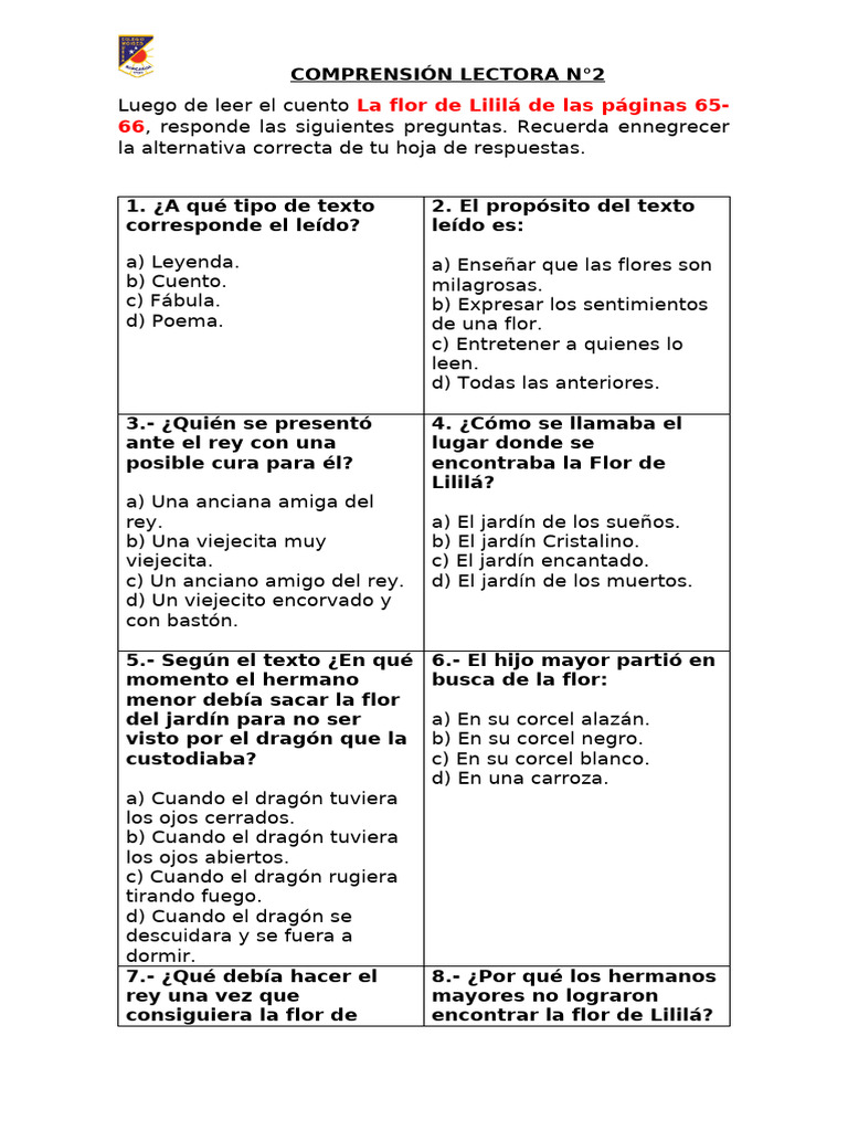 COMPRENSIÓN LECTORA N°2 La Flor de Lililá | PDF