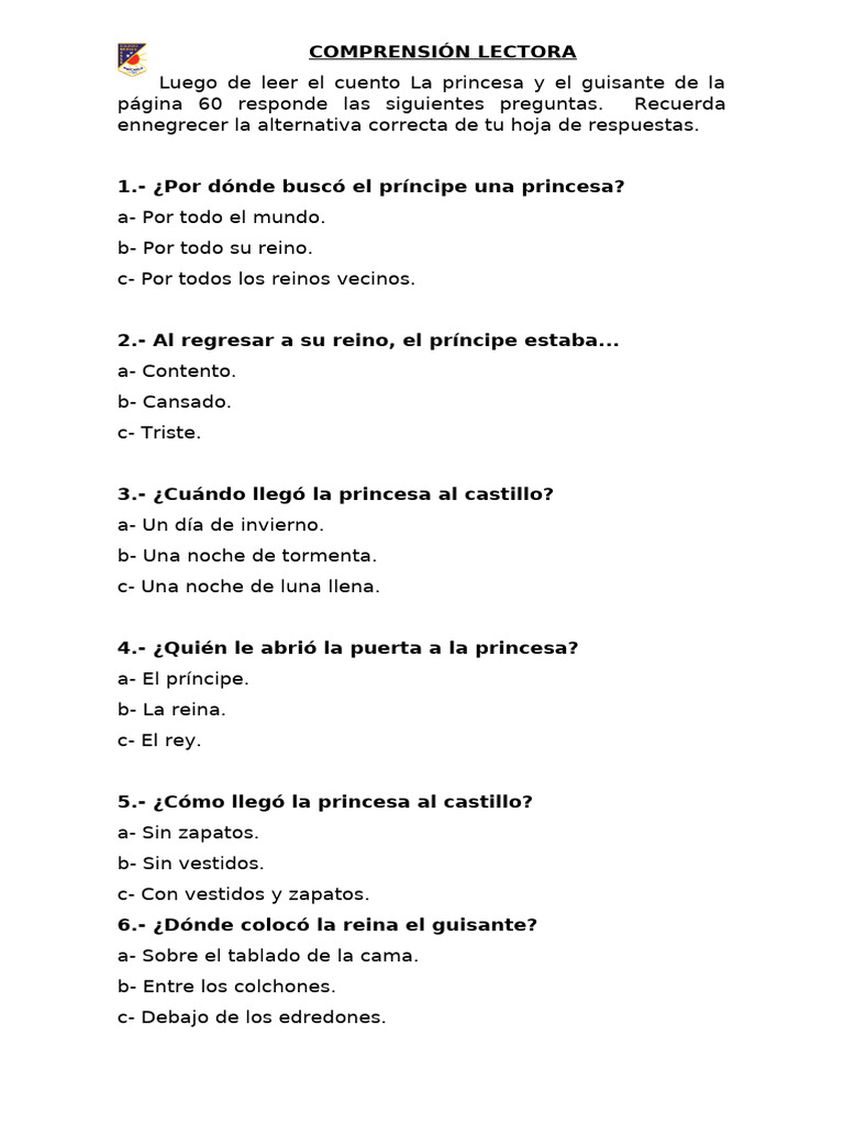 Preguntas sobre La princesa y el guisante | PDF