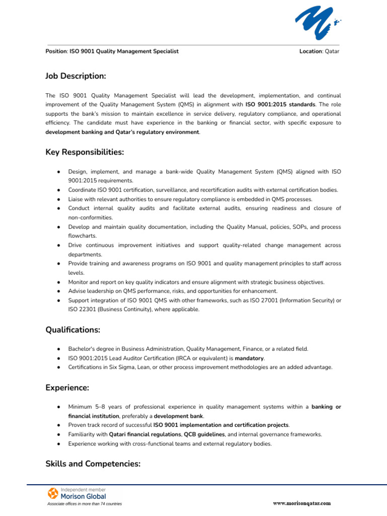 ISO 9001 Quality Management Specialist JD 150525 | PDF | Quality ...