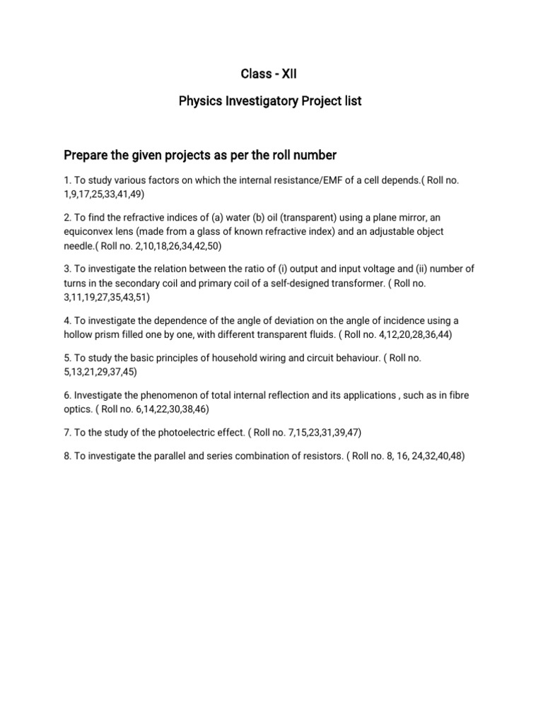 Class 12 Physics Project Ideas | PDF