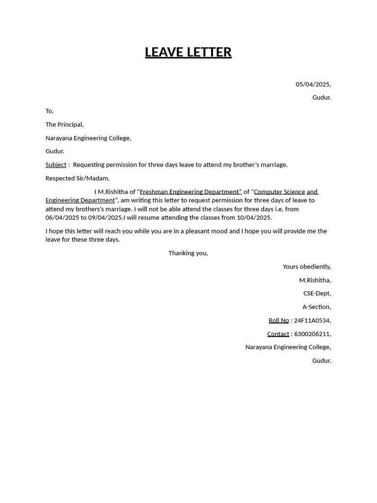 Leave Letter Rishitha | PDF