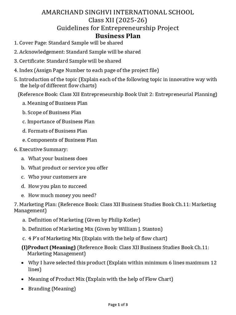 Class XII Poject I (Business Plan) Guidelines | PDF | Marketing ...