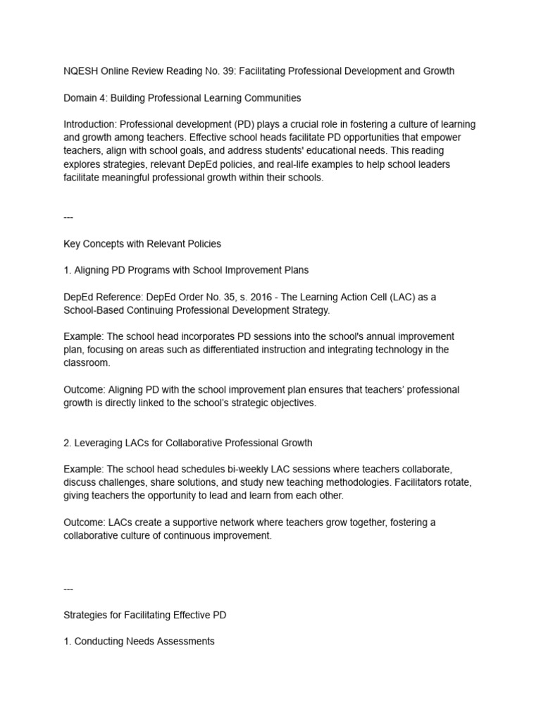 39 - NQESH Online Review Reading No. 39 - Facilitating Professional Development and Growth - 1 ...