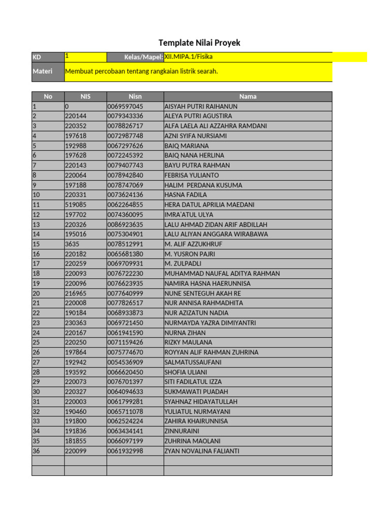 Template Nilai Proyek Fisika XII MIPA | PDF
