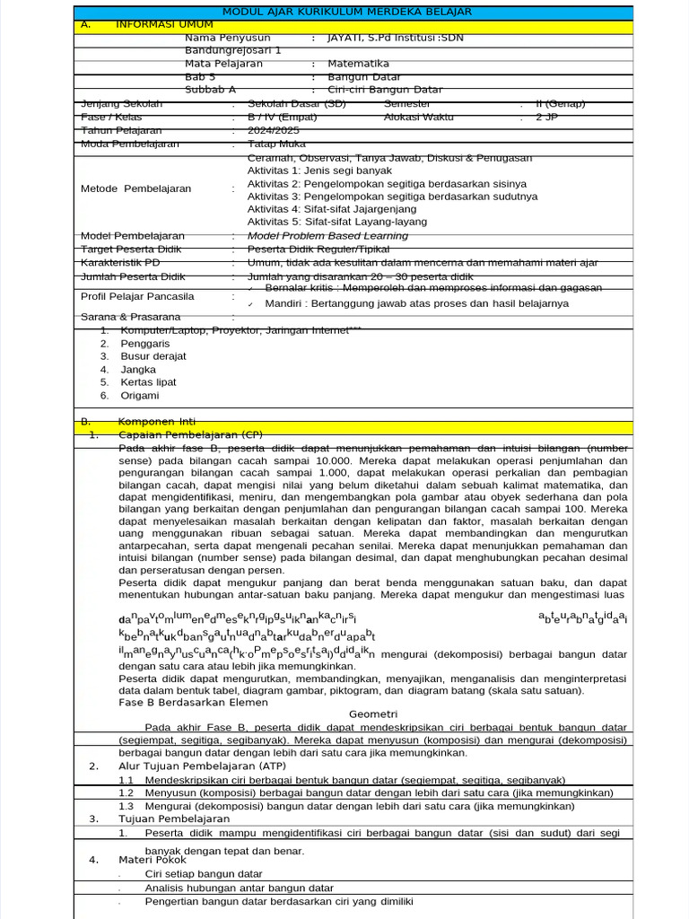 PDF Modul Ajar Matematika Kelas IV Bab Bangun Datar | PDF
