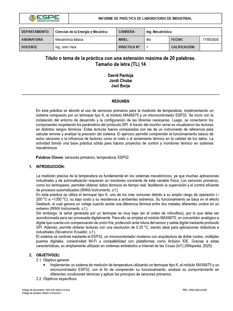 Inf Practica Laboratorio - U1 - Borja - Chuba - Pantoja | PDF | Par termoeléctrico | Sensor
