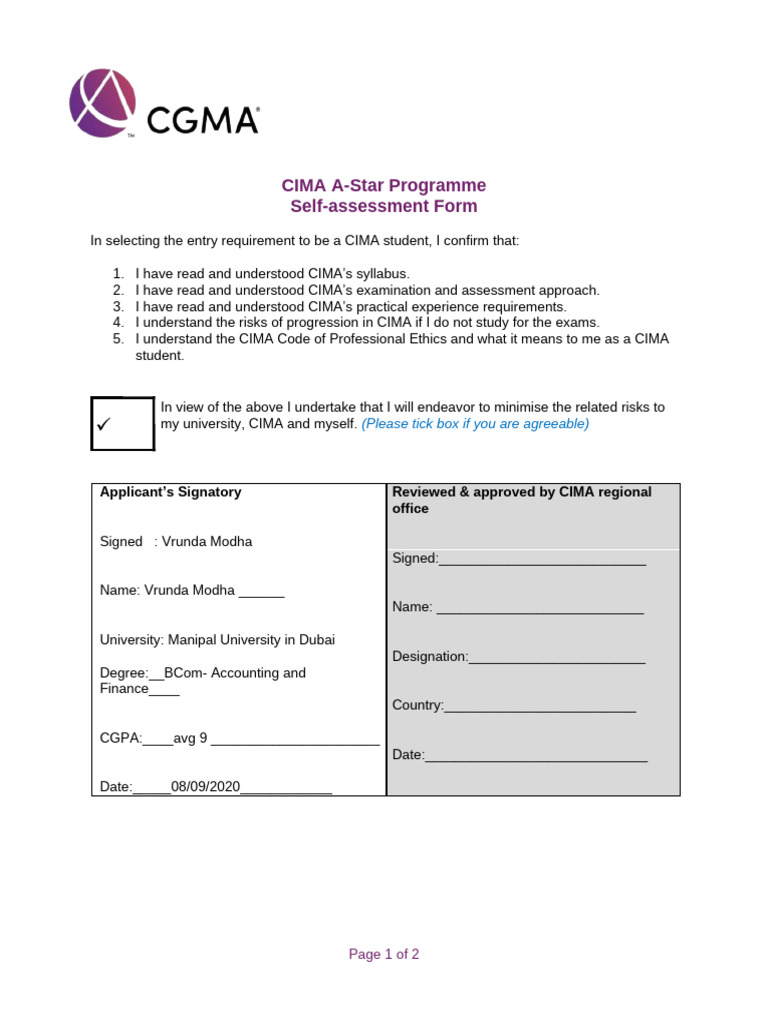 CIMA A-Star Programme Application Form | PDF