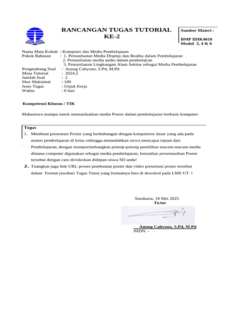RANCANGAN TUGAS TUTORIAL Ke 2 - PGSD-2025 | PDF
