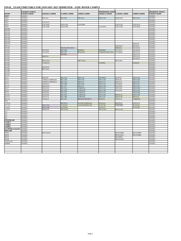 January 2025 Final Exam Timetable | PDF