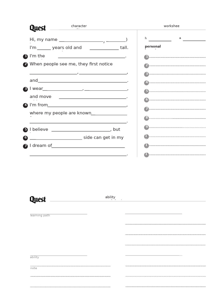Quest Character Profile and Worksheets | PDF