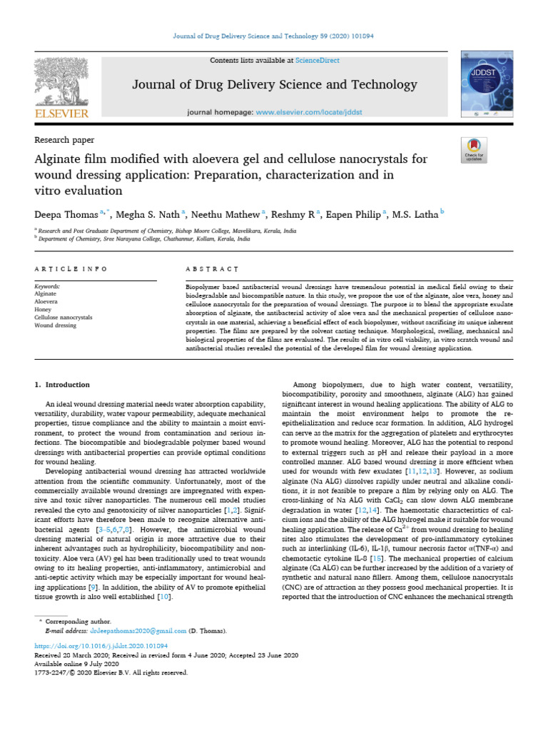 Alginate film modified with aloevera gel and cellulose nanocrystals ...