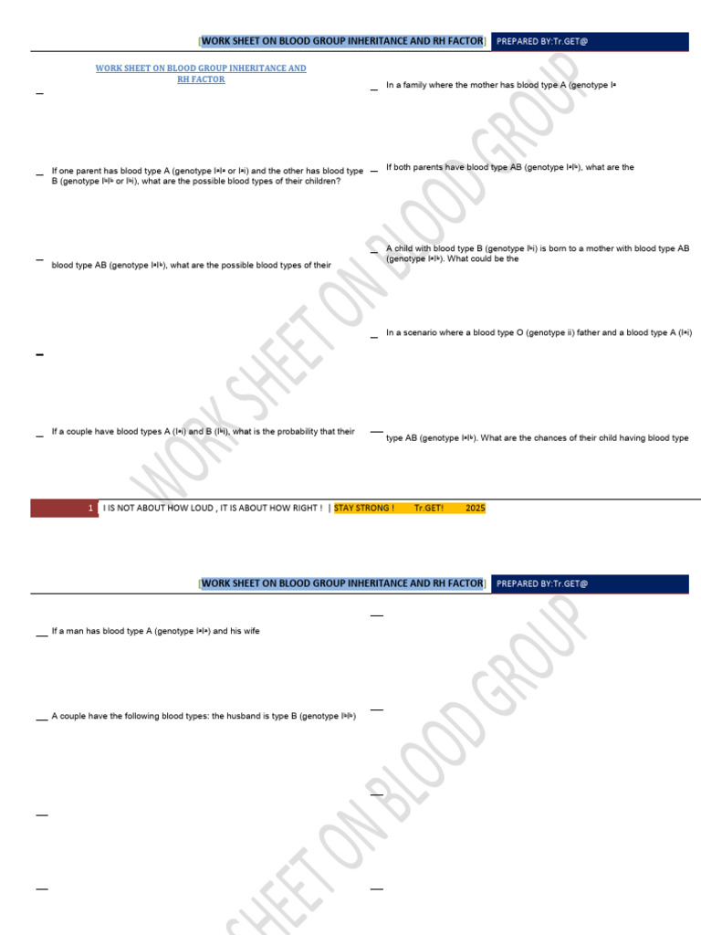 Work Sheet On Blood Group Inheritance and | PDF | Blood Type ...