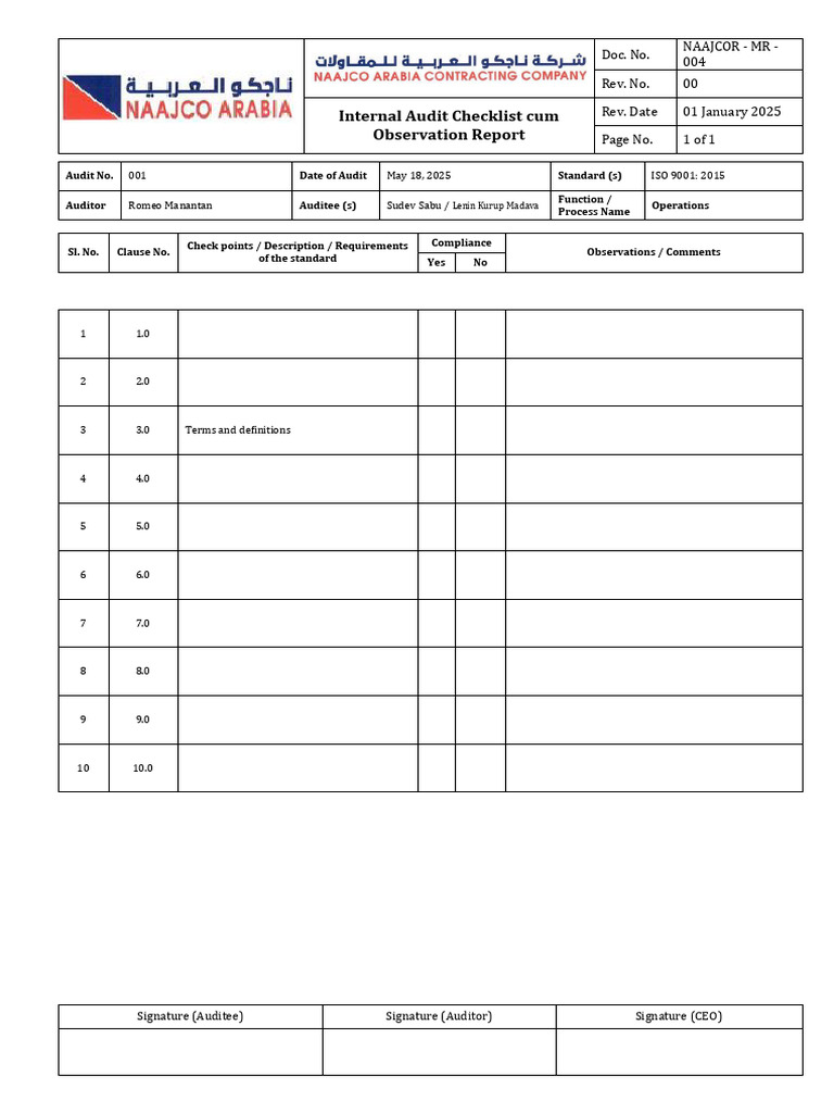 Empty - R-MR-004 - Internal Audit Checklist Cum Observation Report | PDF