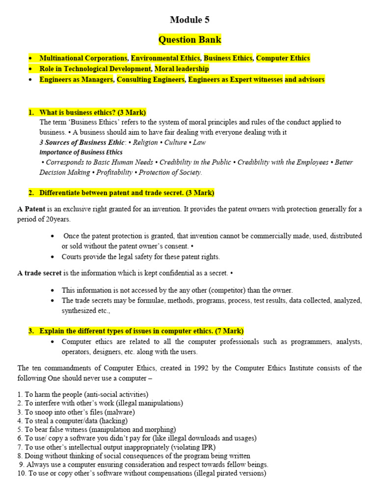 PE Module 5 Question Bank | PDF | Sulfur | Business Ethics
