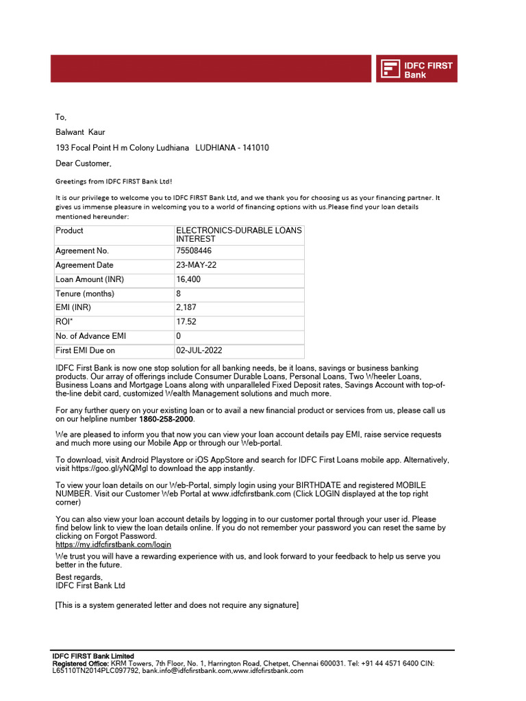 Welcome Letter - 75508446 - 185451246 | PDF | Banks | Loans