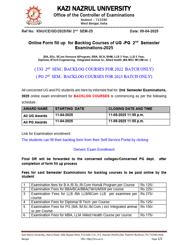 Notice For Backlog Courses - Online Exam Form Fill Up of UG - PG - 2nd Semester Examinations ...