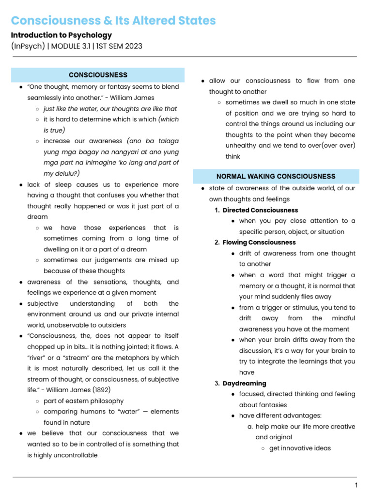 InPsych - Module # 3.1 (Consciousness & Its Altered States) | PDF ...