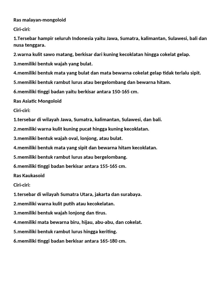 Ciri-ciri Ras Asiatic Mongoloid | PDF