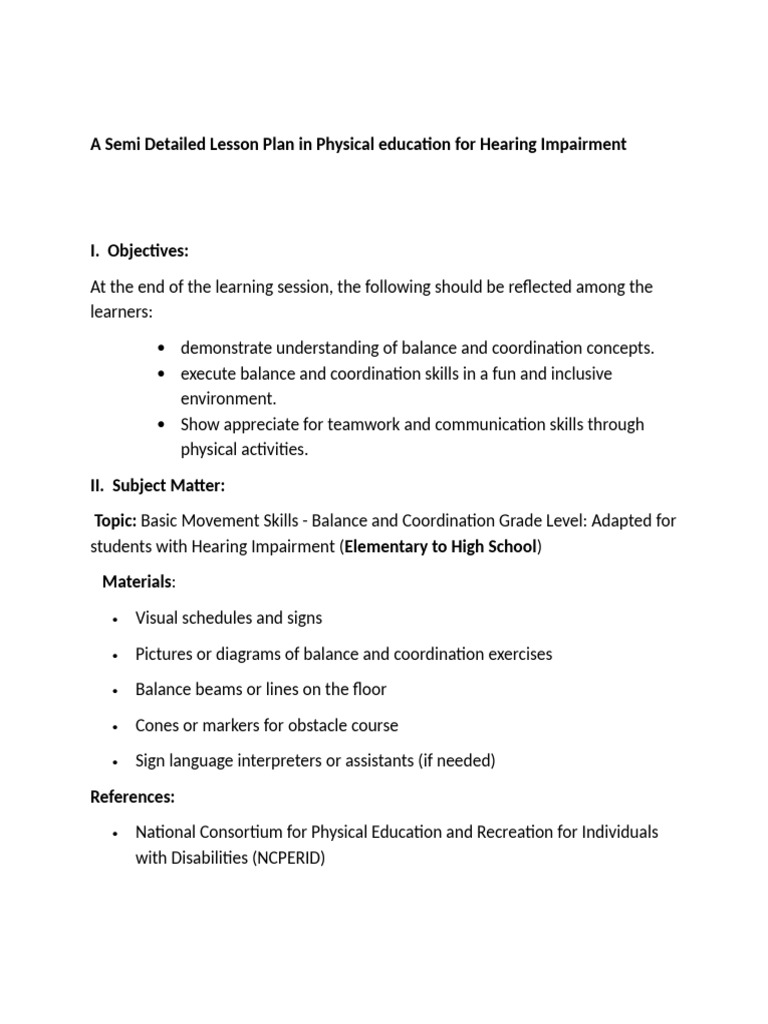 Lesson Plan for Hearing Impaired PE | PDF | Lesson Plan | Learning
