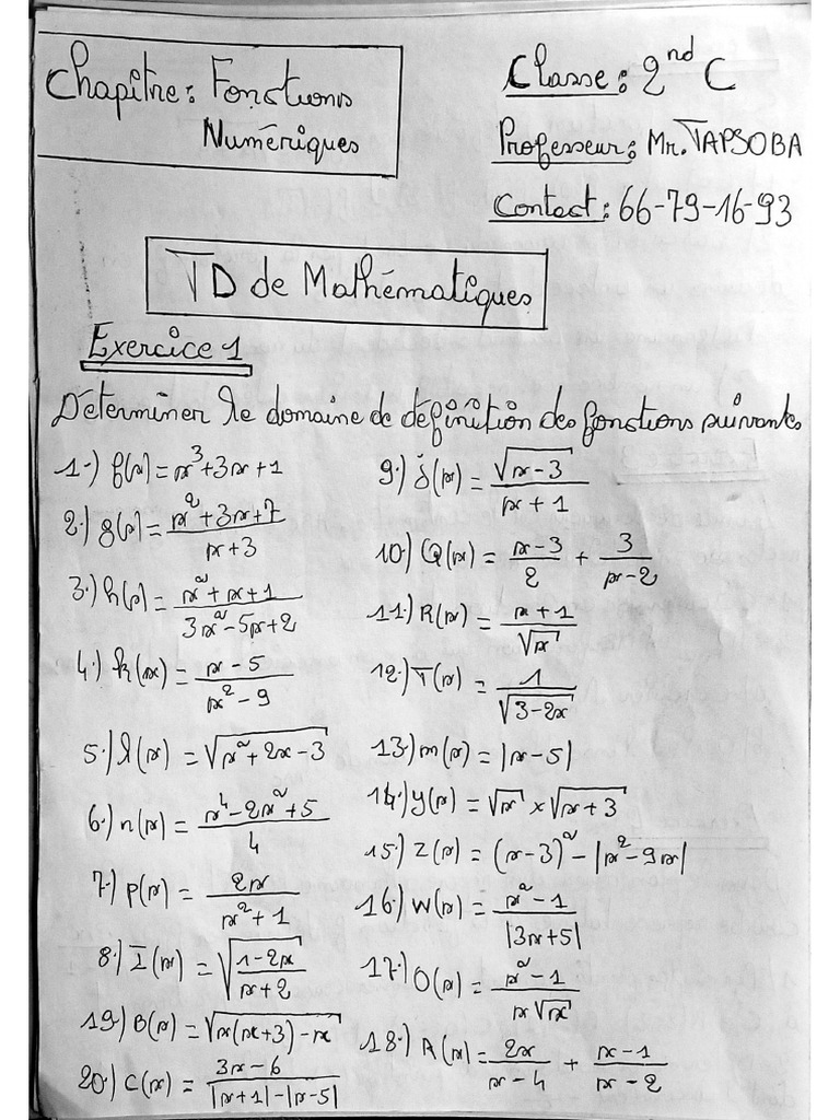 TD Complémentaire de Fonctions Numériques | PDF