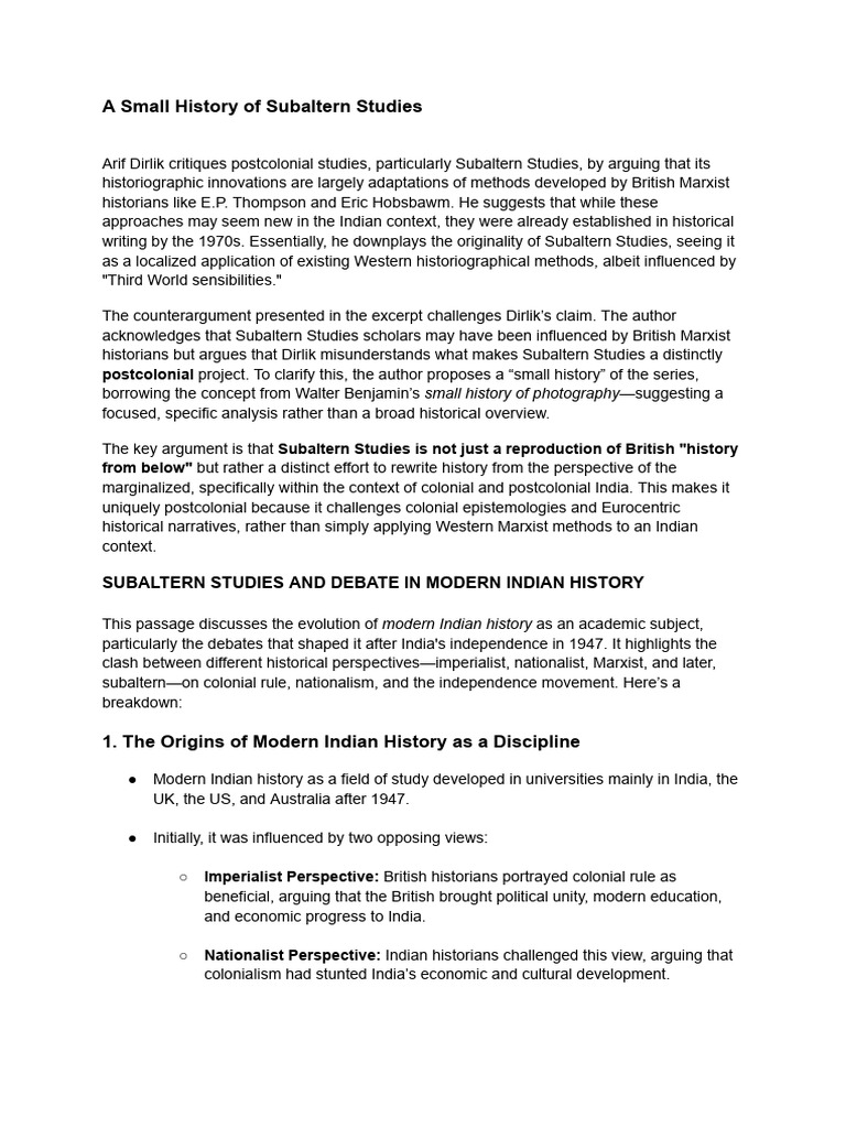 A Small History of Subaltern Studies Notes | PDF | Postcolonialism ...