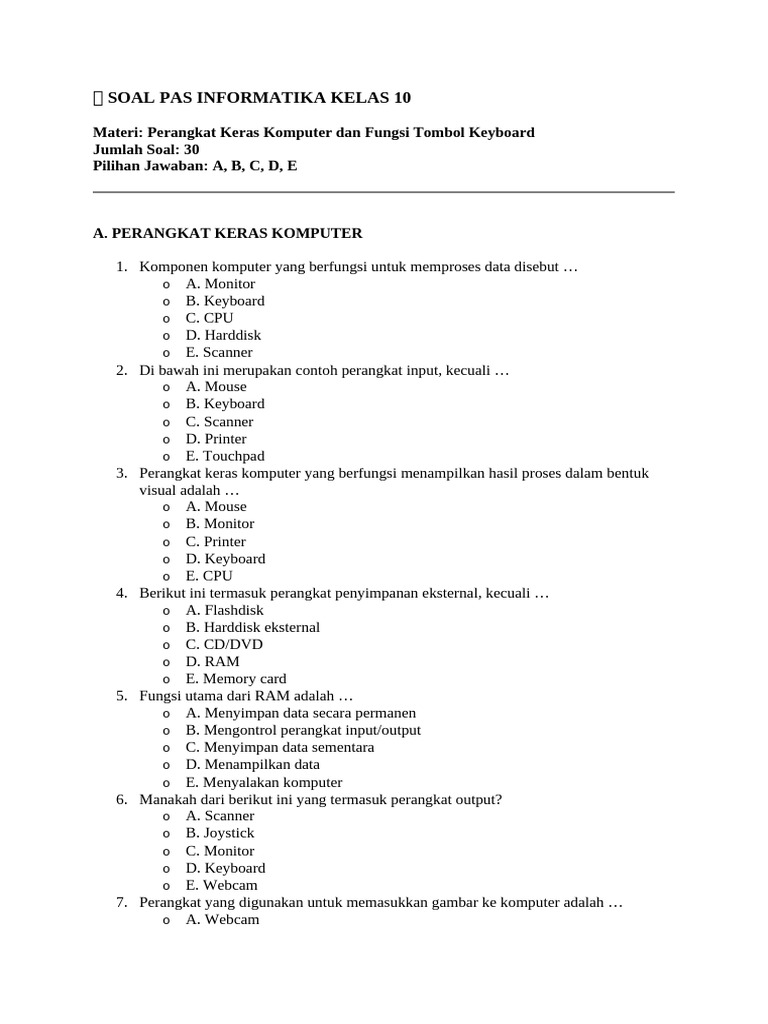 ? Soal Pas Informatika Kelas 10 | PDF