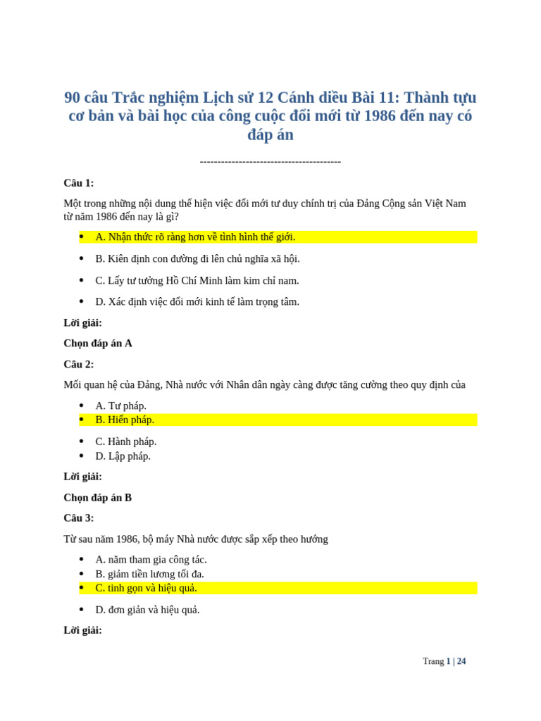 90 Cau Trac Nghiem Lich Su 12 Canh Dieu Bai 11 Co Dap An 2025-04-27 | PDF