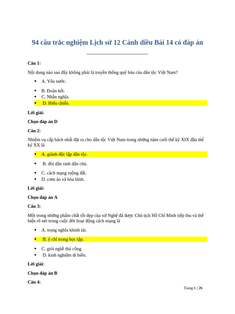 94 Cau Trac Nghiem Lich Su 12 Canh Dieu Bai 14 Co Dap An 2025-04-27 | PDF