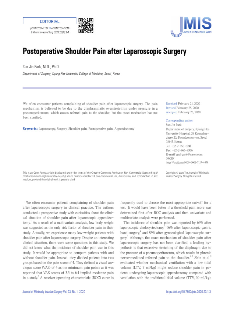 Postoperative Shoulder Pain After Laparoscopic Surgery | PDF | Clinical ...