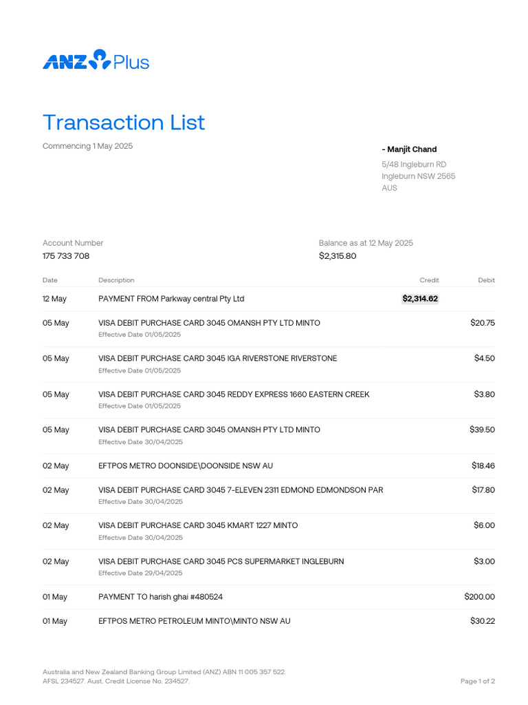 ANZ Plus Transaction List - 13!05!2025 | PDF | Debit Card | Visa Inc.
