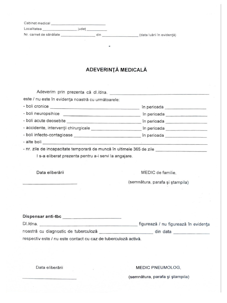 Formular Adeverinta Medicala | PDF