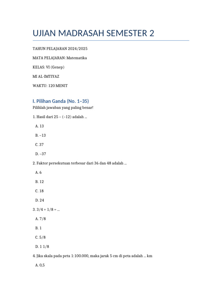 Ujian Matematika Kelas6 MI Al Imtiyaz Dengan Kunci | PDF