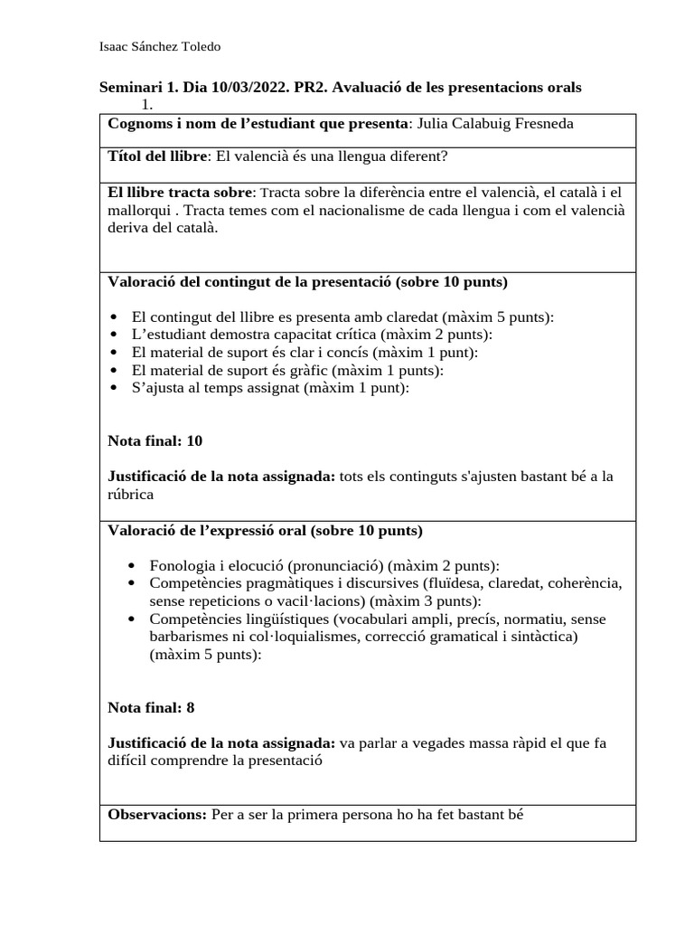 Rúbrica Presentacions Orals PR2 1 | PDF