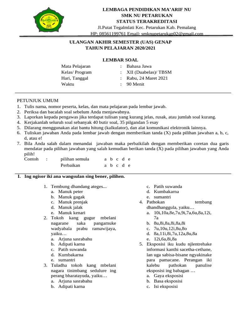 Soal Uts SMK Nu 2020 Kelas Xii B, Jawa | PDF