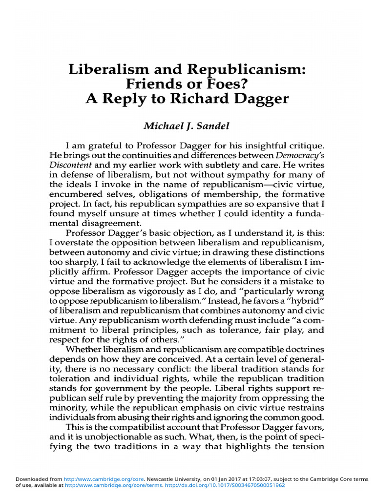Sandel - Republicanism and Liberalism | PDF | Autonomy | Immanuel Kant