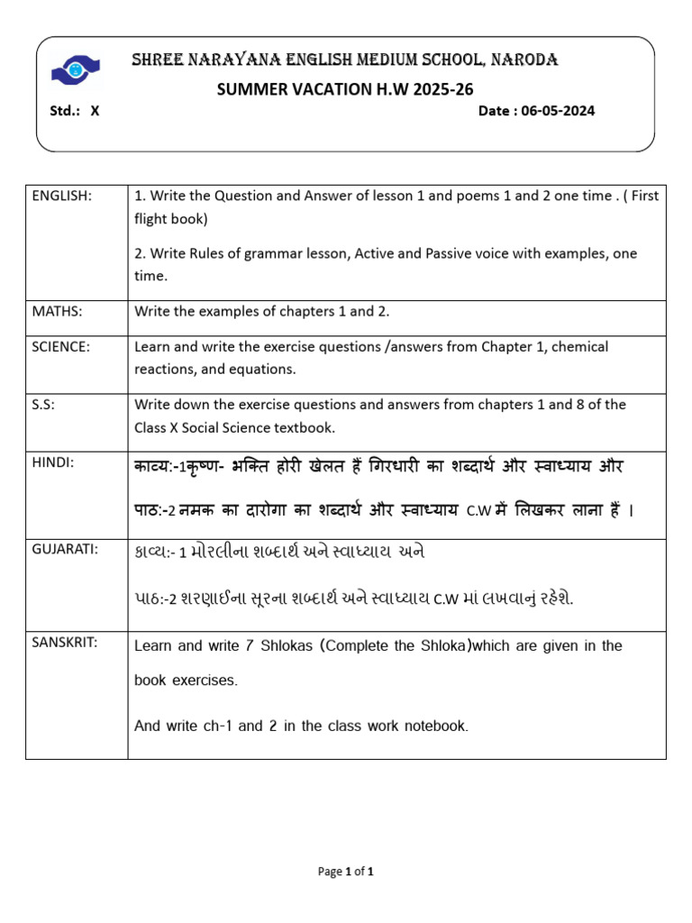 Class 10 - SUMMER VACATION H.W.doc 25-26 | PDF