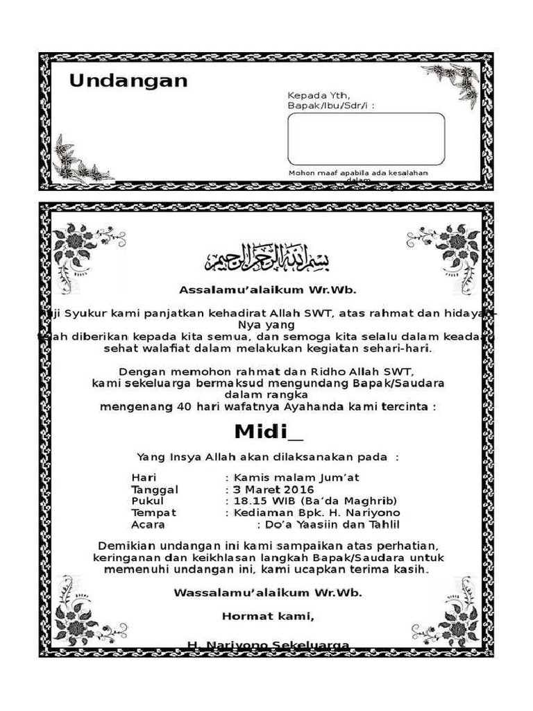 Contoh Surat Undangan Tahlil 40, 100, 1000 Hari (Haul) - PDF | PDF